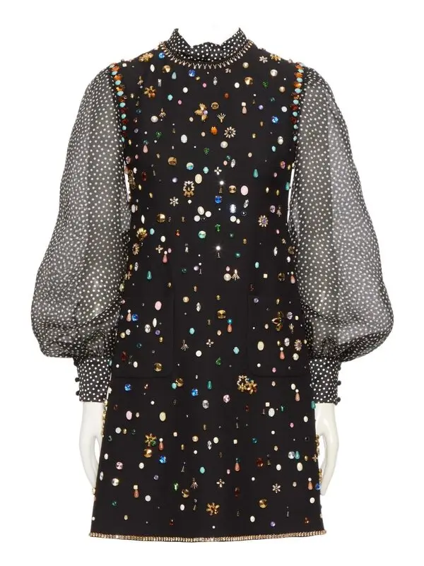Valentino Garavani Embellished Long Sleeve Dress With Graphic Print - Black