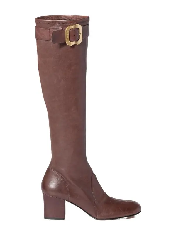 Miu Miu Knee High Boots With Block Heel And Logo Buckle - Dark Brown