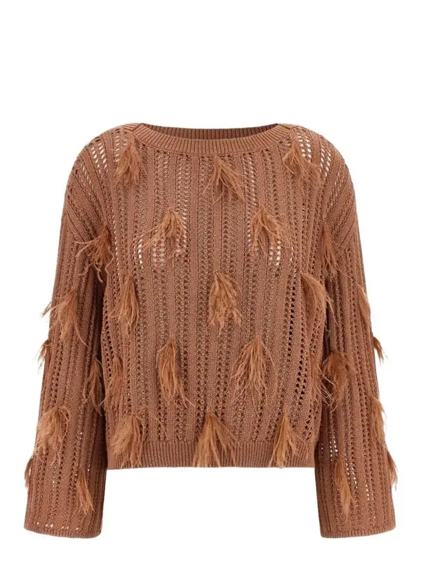 TWINSET Openwork Knit Sweater With Feather Embellishments - Brown