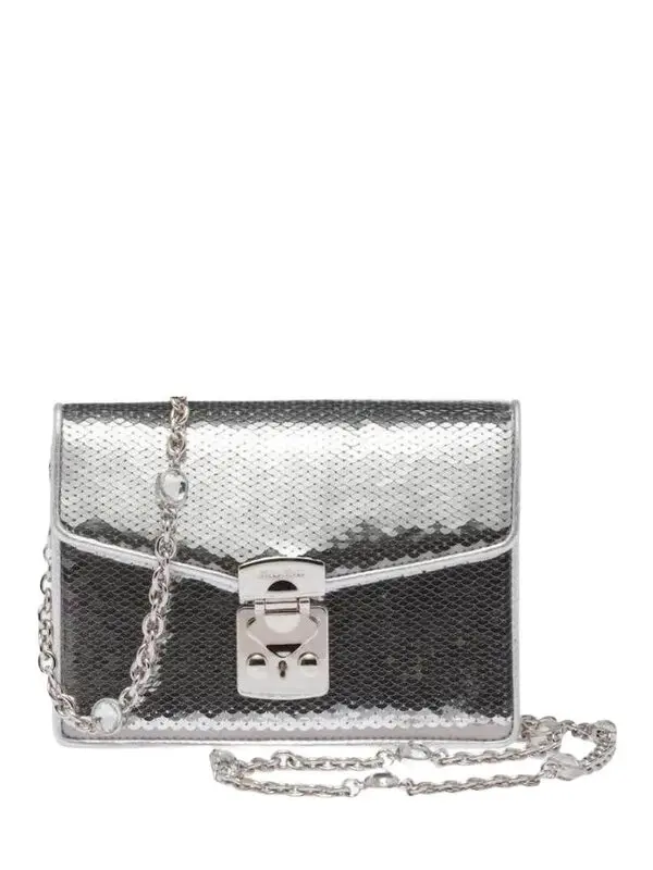 Miu Miu Sequin Embellished Leather Bag With Crystal Chain Strap - Silver