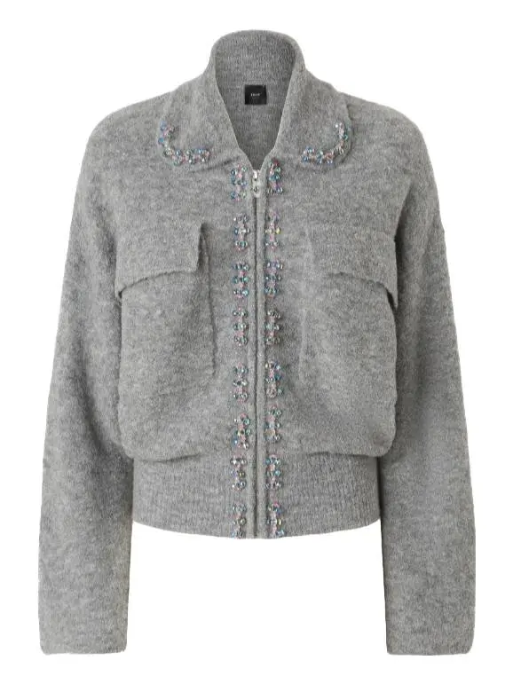 Pinko Embellished Collared Zip-up Jacket - Gray