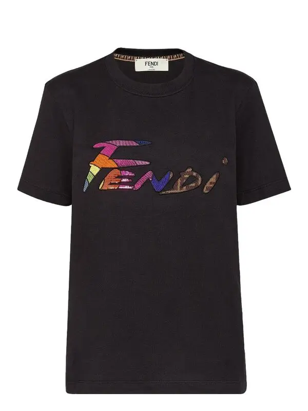 Fendi Cotton T-shirt With Embellished Logo - Black