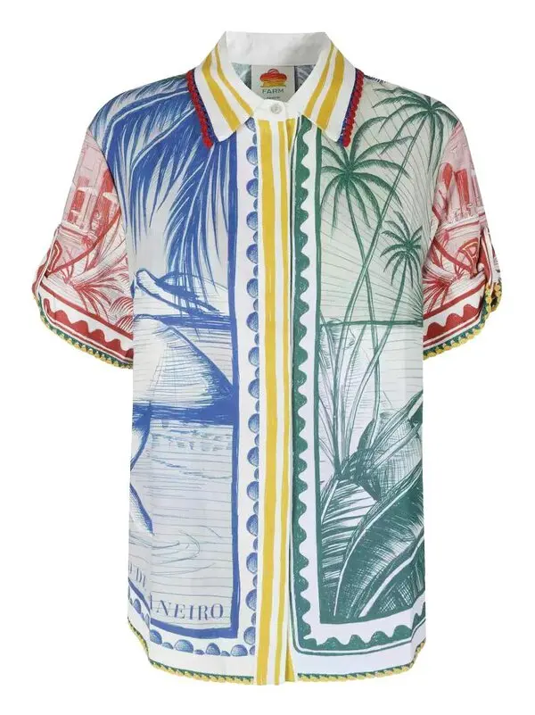 Farm Rio Graphic Print Crochet Trim Shirt - White