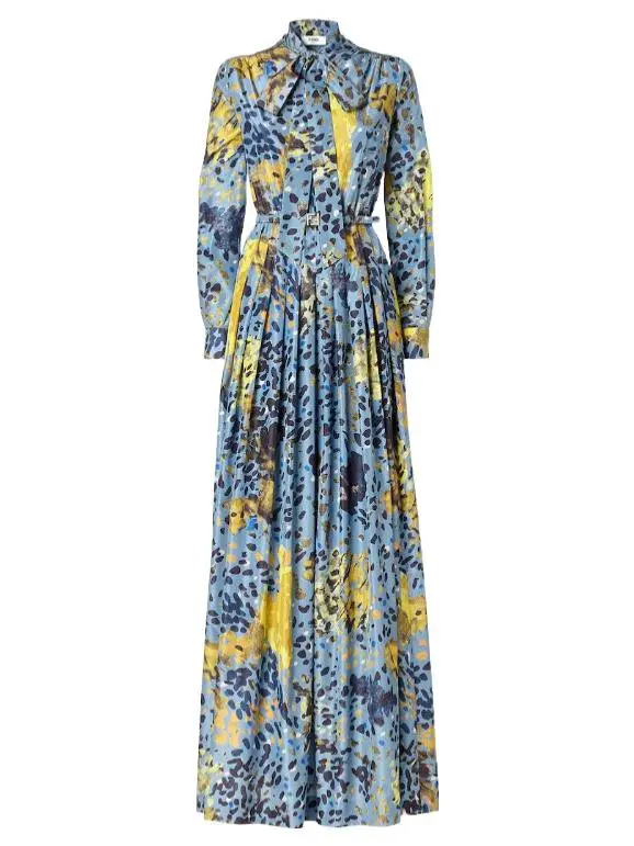 Fendi Printed Silk Maxi Dress - Light Blue