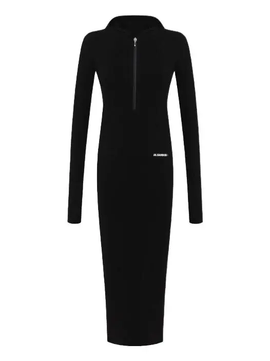 JIL SANDER Rib Knit Hooded Midi Dress With Zipper Detail - Black