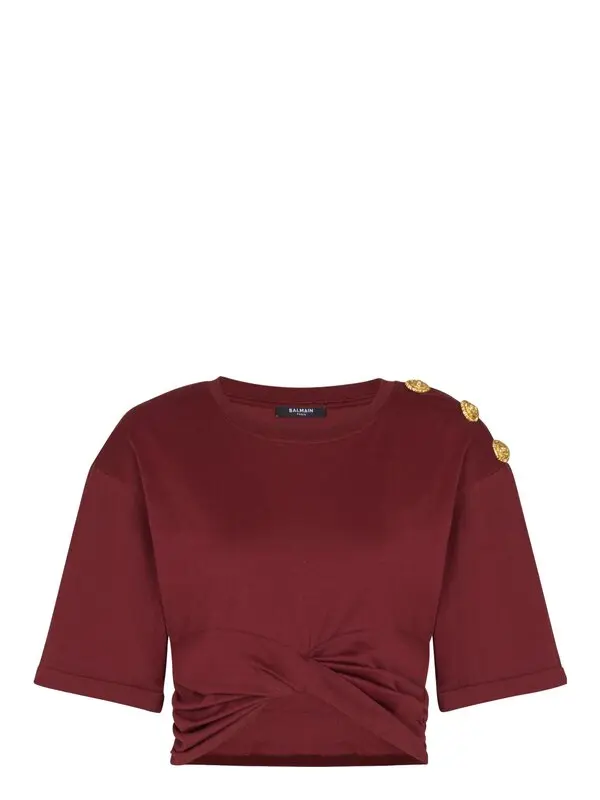 Balmain Cropped Tie T-shirt With Lion Head Snaps - Red