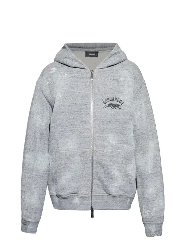 Dsquared2 Logo Printed Zipped Distressed Hoodie - Gray