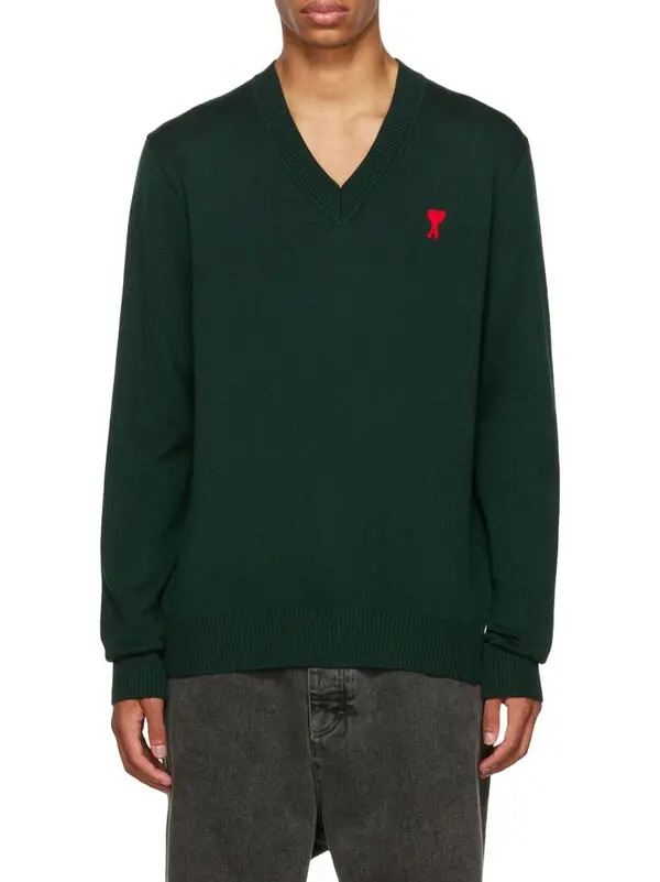 Ami Embroidered Heart Logo V-neck Jumper - Black