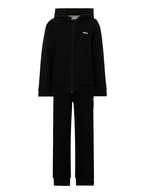 Hugo Boss Long-sleeved Hooded Zip-up Sweatshirt And Elasticated Waistband Trousers Set With Logo Details - Black
