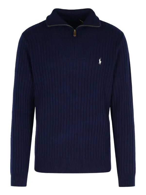 Polo Ralph Lauren Ribbed Quarter Zip Sweater With Embroidered Logo - Black