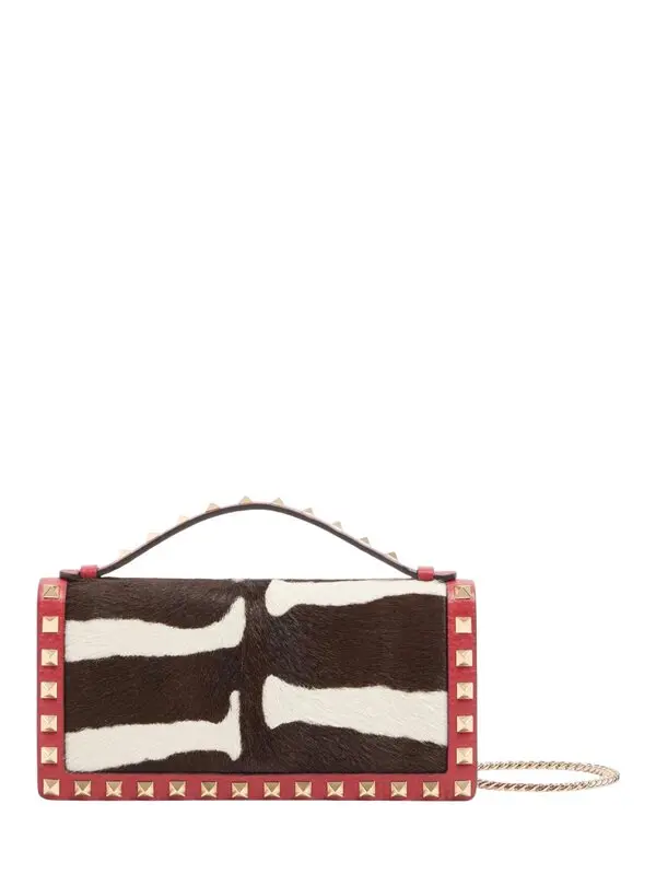 Valentino Garavani Rockstud Wallet With Chain In Pony-effect Calfskin - White/brown/red