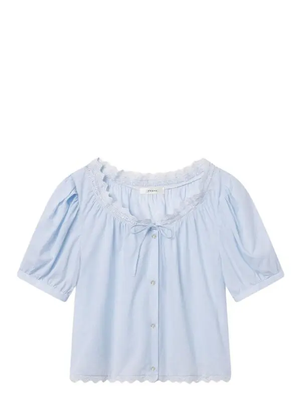 FRAME Short Sleeve T-shirt With Puff Sleeves And Delicate Piping - White
