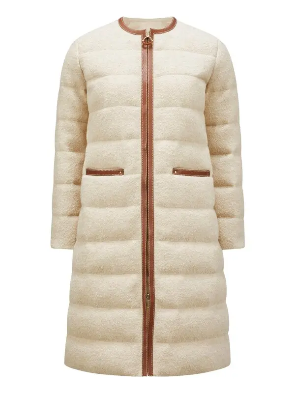 Moncler Bellette Long Down Jacket With Leather Trim - Light Brown