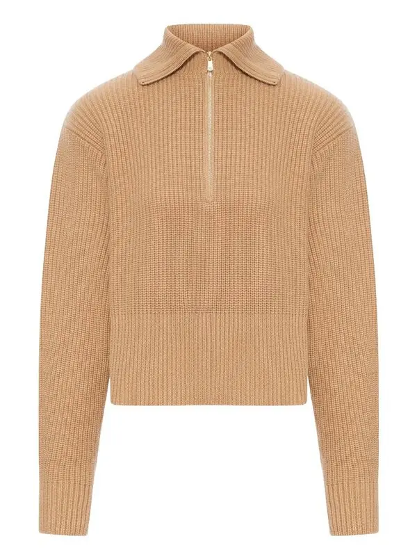 Max Mara Ribbed Knit Long-sleeve Sweater With Lapel Collar And Half-zip Closure - Nude
