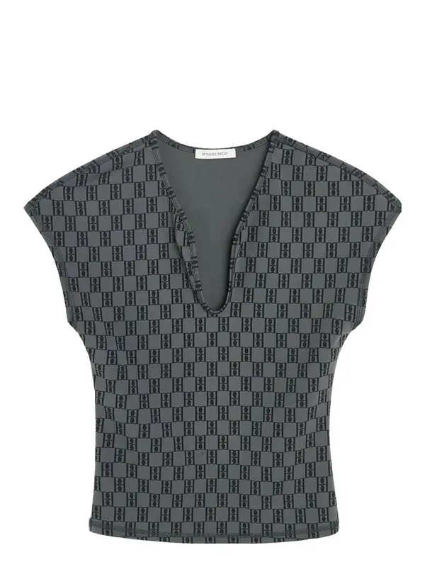 BY MALENE BIRGER Venazia Monogram V-neck Top - Monogram Black  Grey
