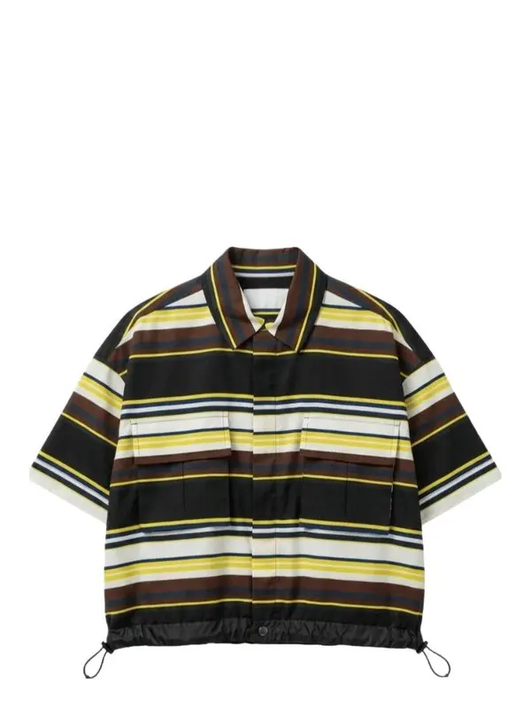Sacai Striped Short-sleeve Shirt With Flap Pockets And Drawstring Hem - Black