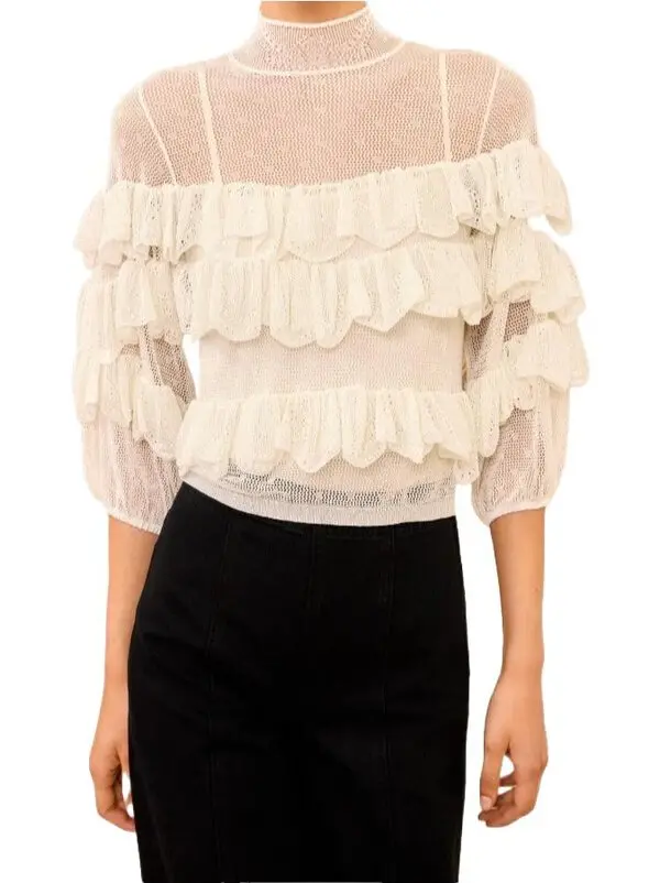 Ulla Johnson Corinna Mock Neck Tiered Ruffle Top - Nude