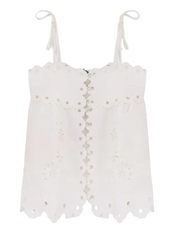 Farm Rio Richelieu Sleeveless Top With Spaghetti Straps - White