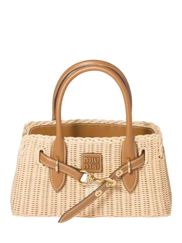 Miu Miu Woven Top Handle Bag With Leather Trim - Tan/caramel
