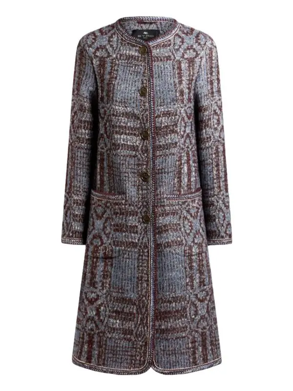 Etro Bouclé Jacquard Coat With Pegaso Buttons - Gray