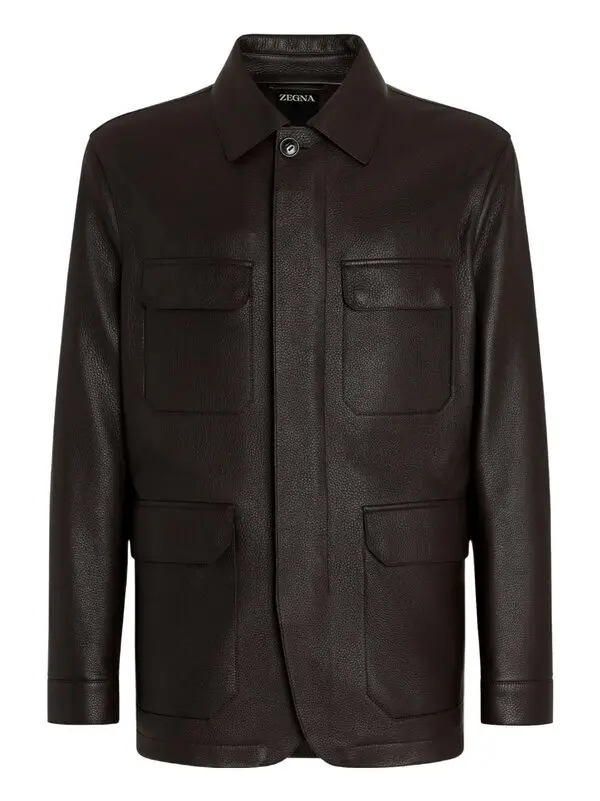 Zegna Leather Flap-pockets Jacket - Dark Brown