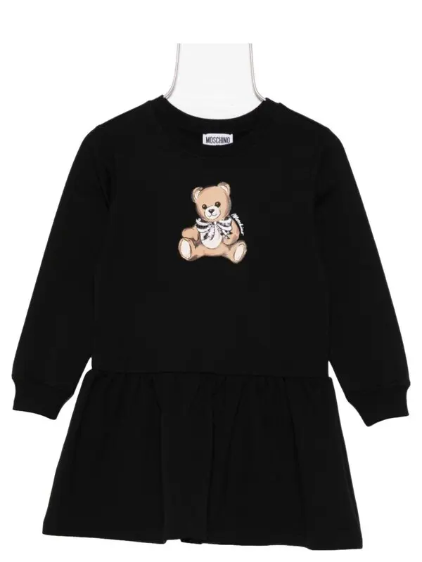 Moschino Cotton Long Sleeve Dress With Pleated Skirt - Black