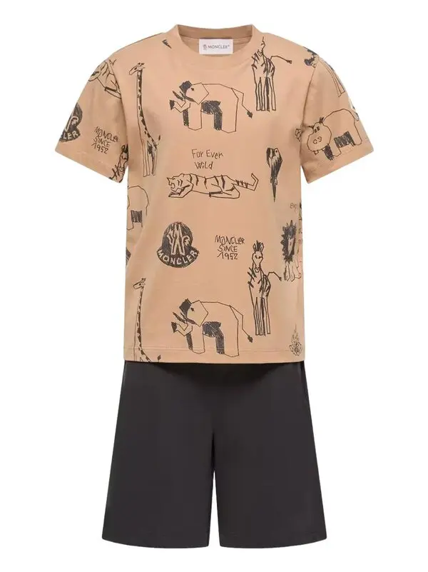 Moncler Animal Print Cotton T-shirt And Shorts Set - Nude