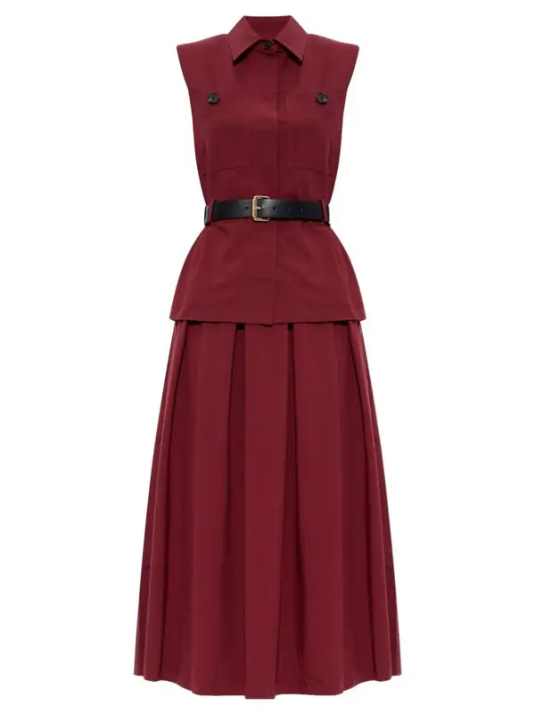 SELF-PORTRAIT Sleeveless Belted Dress With Pleated Flared Skirt - Red