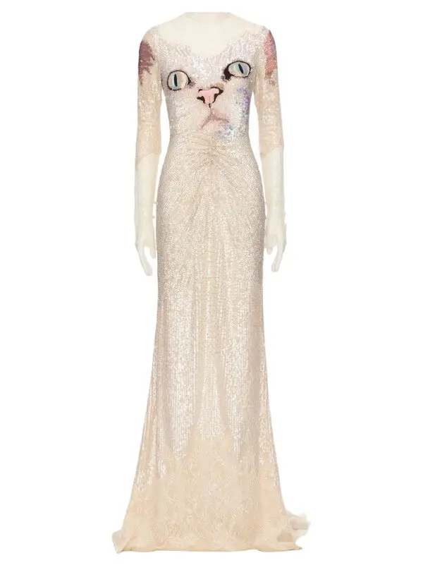 Valentino Garavani Sequined Cat Motif Gown - Nude