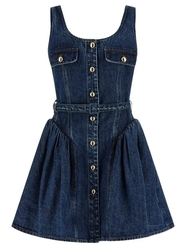 SELF-PORTRAIT Flared Denim Mini Dress - Blue