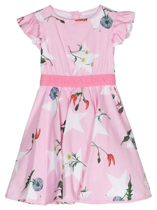 Monnalisa Floral Printed Star Poplin Dress - Pink