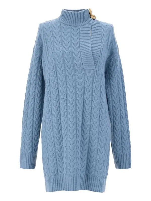 Max Mara Long Cable Knit Wool And Cashmere Pullover With Embroidered Buttons - Blue
