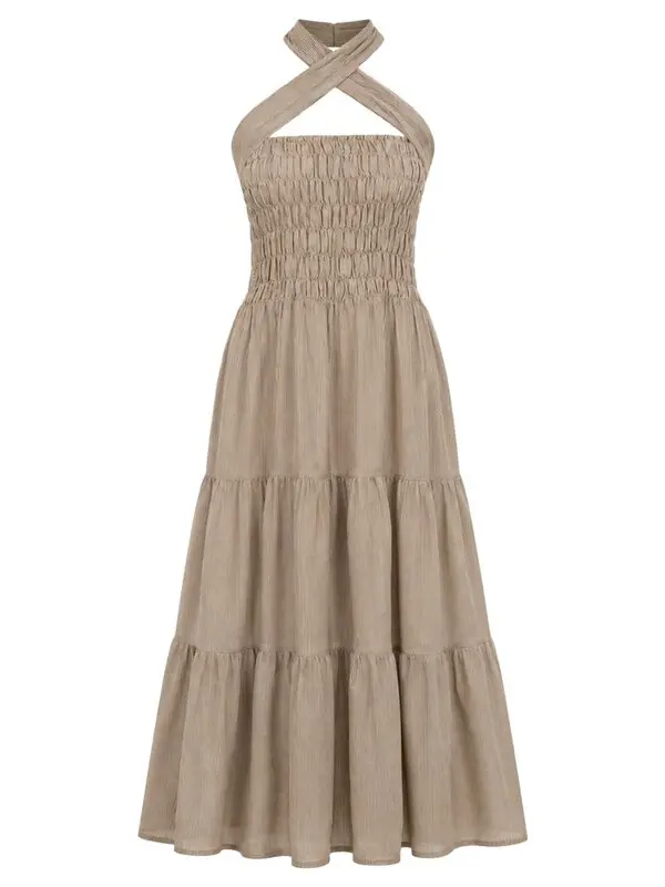 CARMEN SAYS Beige And Striped Halterneck Maxi Dress - Brown