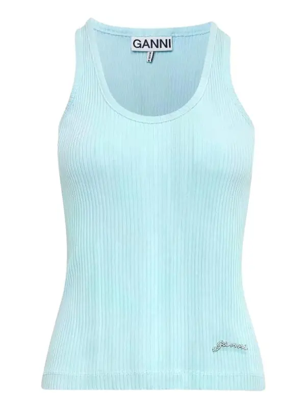 GANNI Ribbed Knit Logo Embellished Tank Top - Blue
