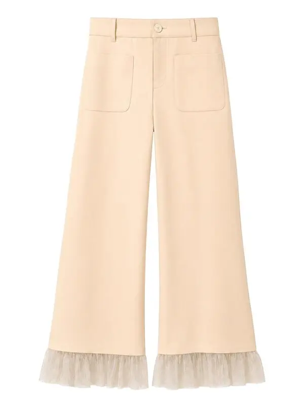 Carmen Says Cream Wide Leg Trousers With Ruffle Hem - White
