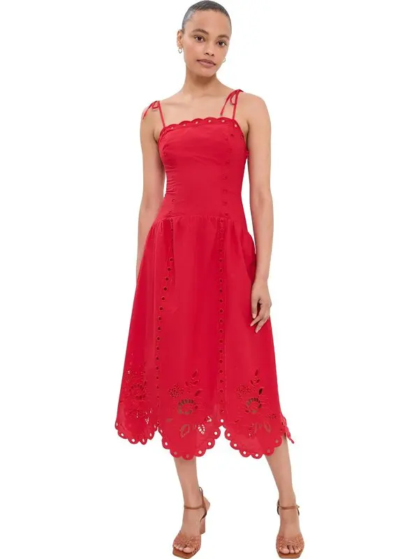 Moon River Eyelet Midi Dress - Red