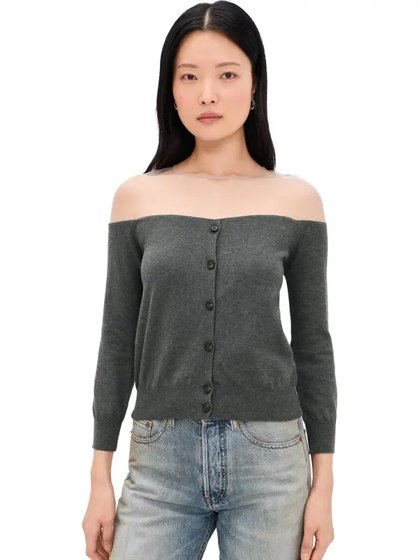 MAISON MARGIELA Sheer Faux Off-shoulder Cardigan - Dark Grey Melange