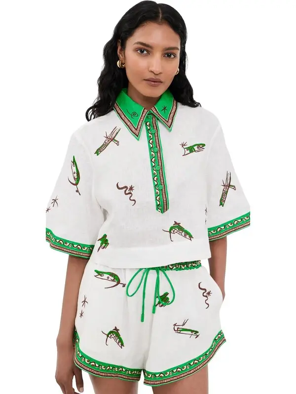 ALEMAIS Wanda Embroidered Linen Cropped Shirt - Ivory