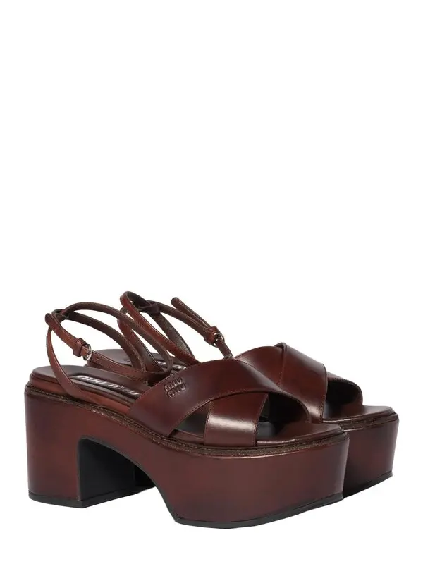 Miu Miu Leather Platform Sandals - Coffee