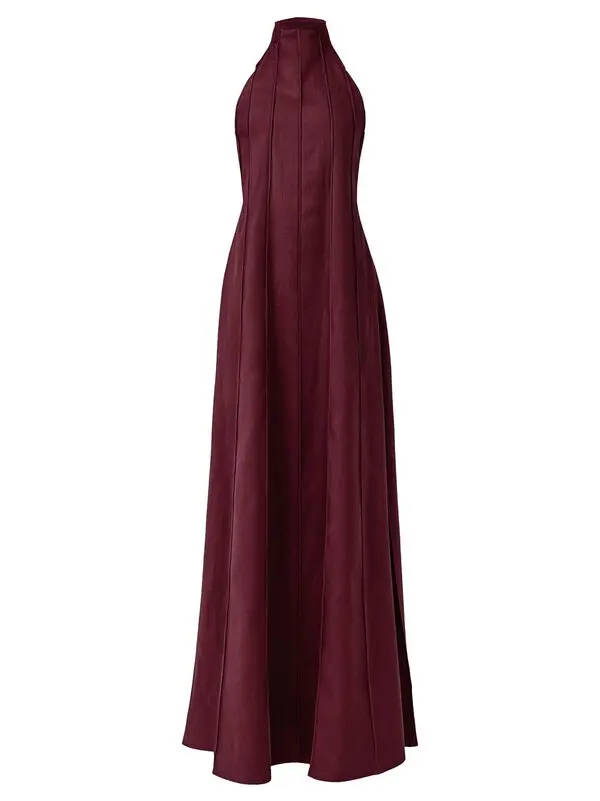 KARGEDE Burgundy Linen Halter Maxi Gown - Red
