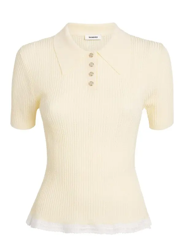Sandro Ribbed Knit Slim Polo Shirt - Beige