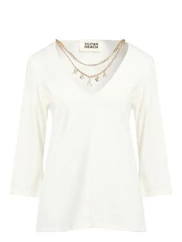 SILVIAN HEACH Viscose Polyester Knit V-neck 3/4 Sleeve Sweater - White