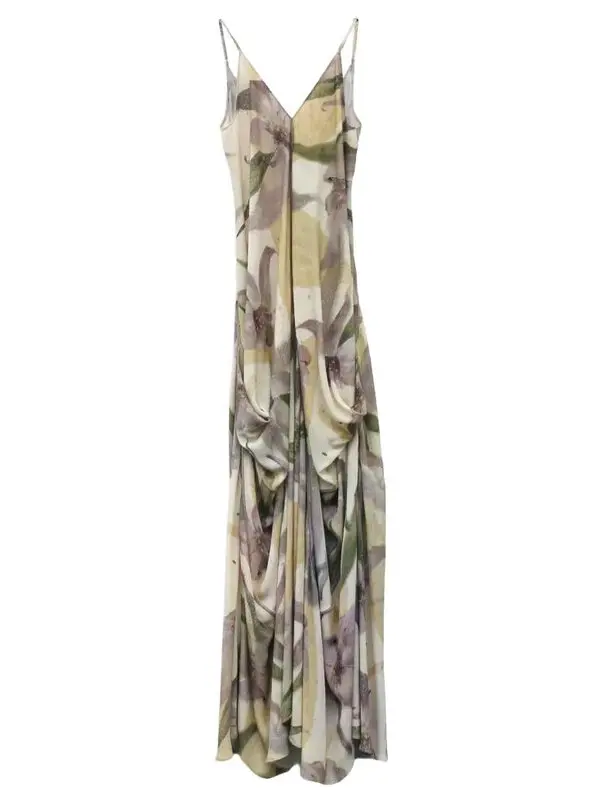 YANGKEHAN Maxi Draped Floral-print Dress - Neutrals