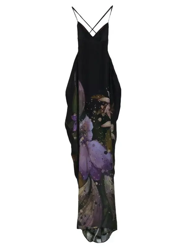 YANGKEHAN Floral-print Silk Maxi Dress - Black