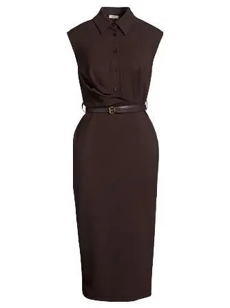 OLTRE Stretch Crepe Midi Shirt Dress - Brown