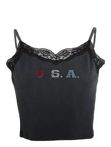 Guess Ribbed Jersey Cropped Top With Crystal Appliqués And Lace Trims - Black