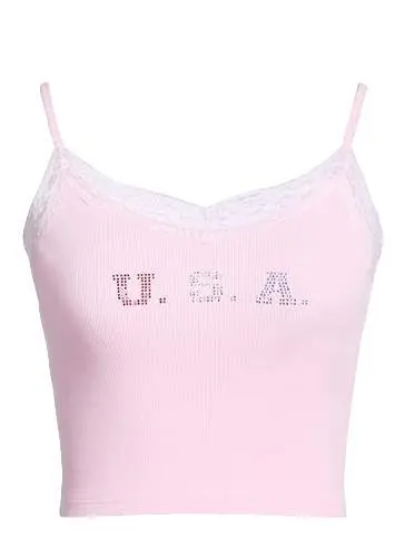 Guess Ribbed Jersey Cropped Top With Crystal Appliqués And Lace Trims - Pink