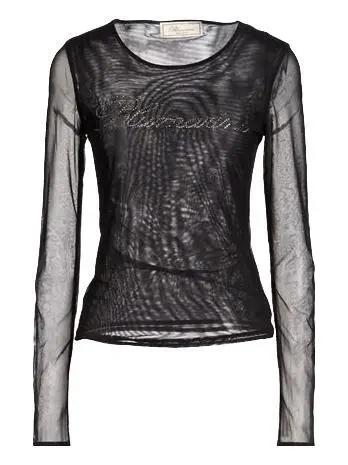 Blumarine Mesh Crewneck Long Sleeve Top With Crystal Appliqu - Black