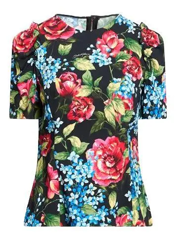 Dolce & Gabbana Floral Print Ruffled Viscose & Elastane Crewneck Top - Black