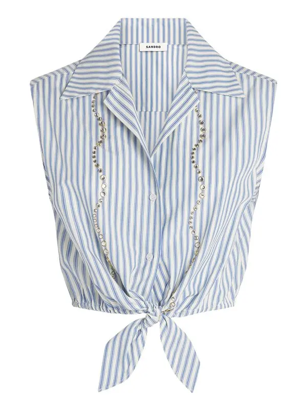 Sandro Embellished Striped Sleeveless Shirt With Front Tie Detail - Blue